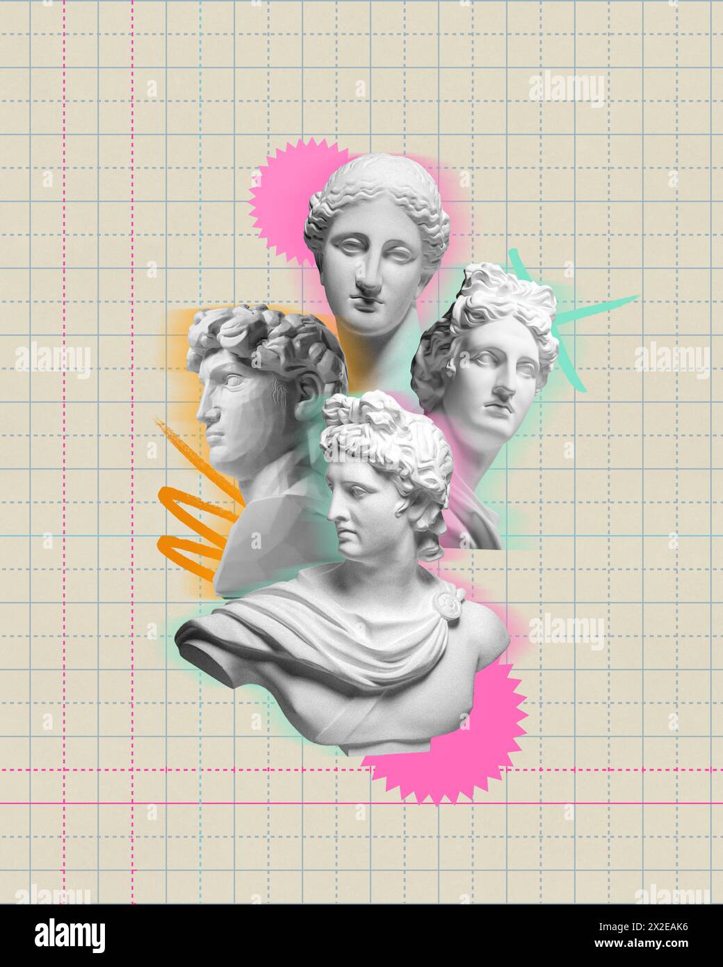 Contemporary art collage. Multiple classical sculpture busts over beige ...