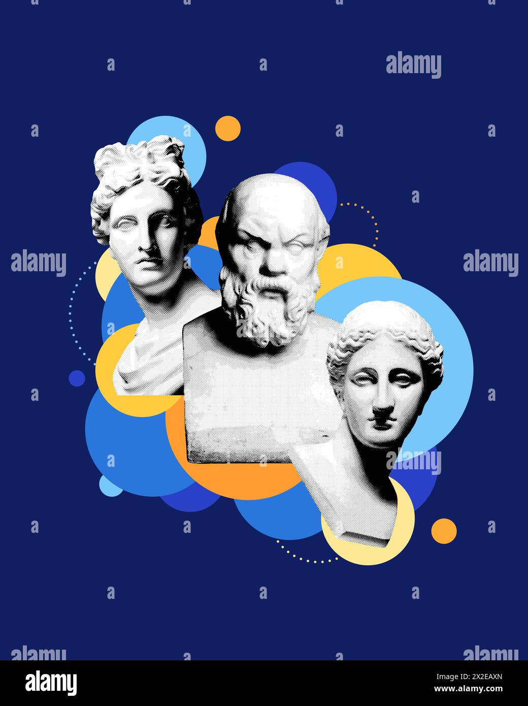 Contemporary art collage. Three classical sculpture busts with blue and ...