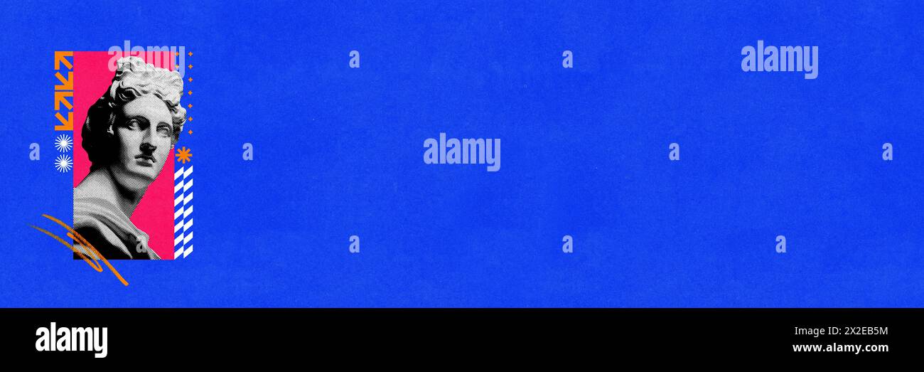 Banner. Contemporary art collage. Classical statue bust with abstract ...