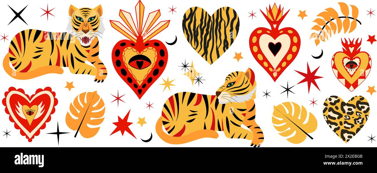 Tiger and sacred heart, celestial mystique set. Retro style hearts with ...