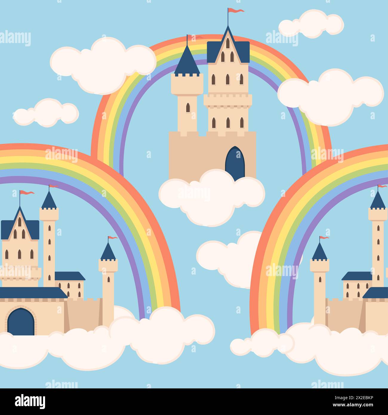 Seamless pattern fantasy medieval stone castle with towers gate flying ...
