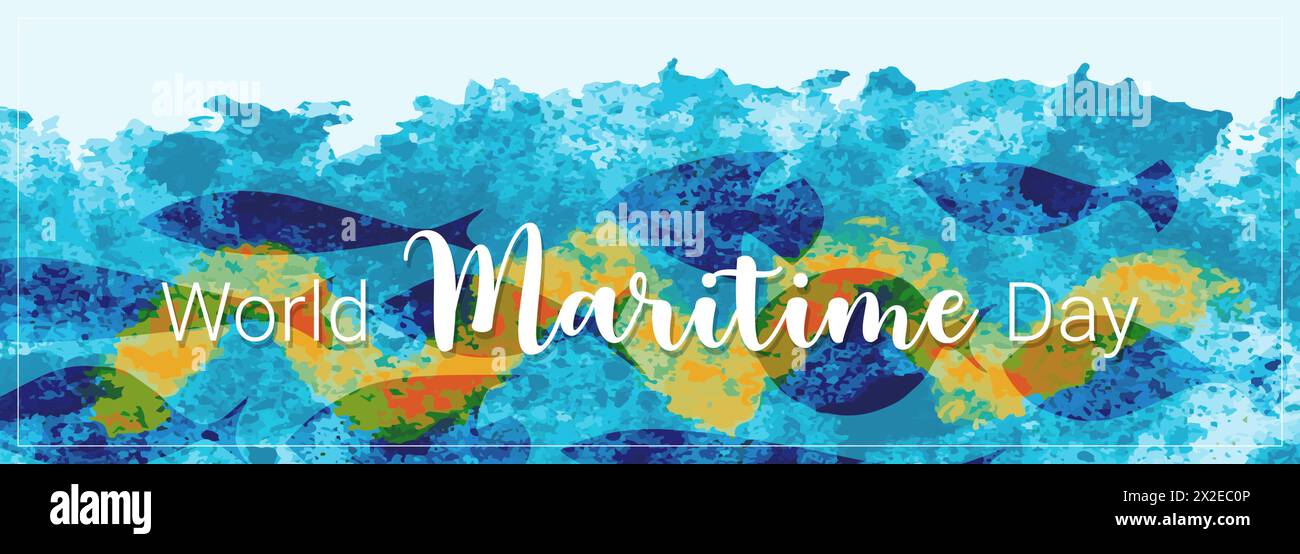 World Maritime Day with watercolor sea ocean and fishes silhouettes ...