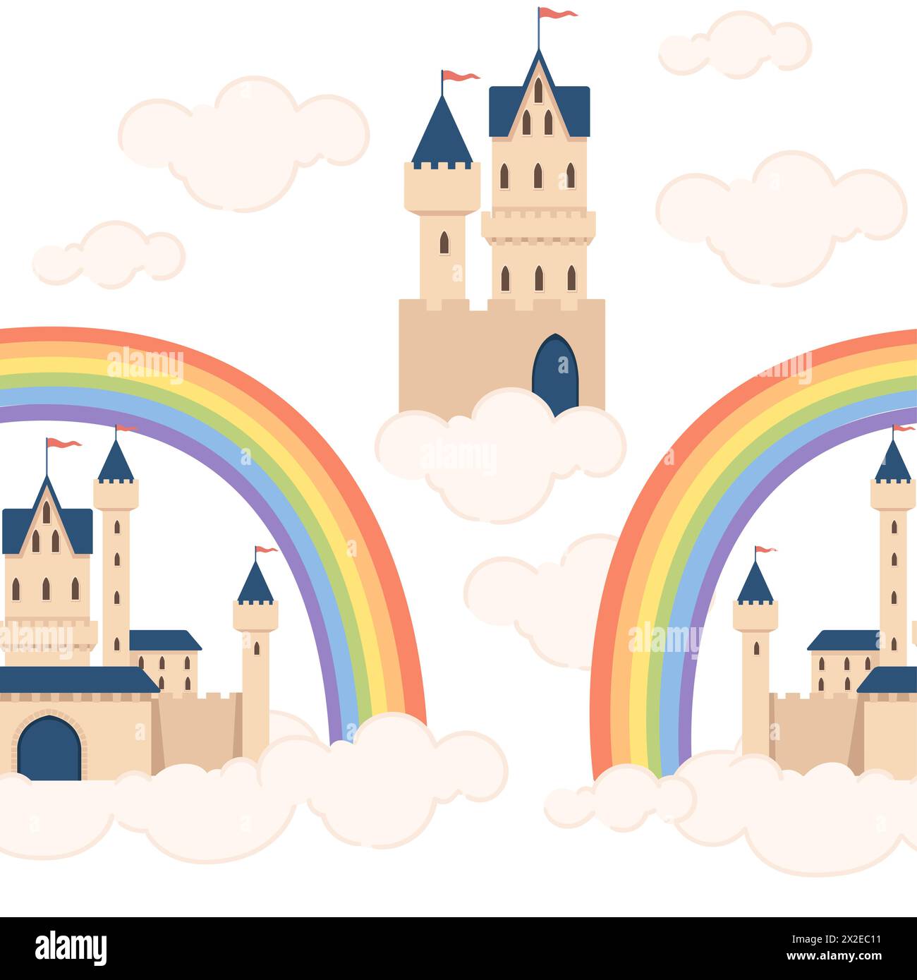 Seamless pattern fantasy medieval stone castle with towers gate flying ...