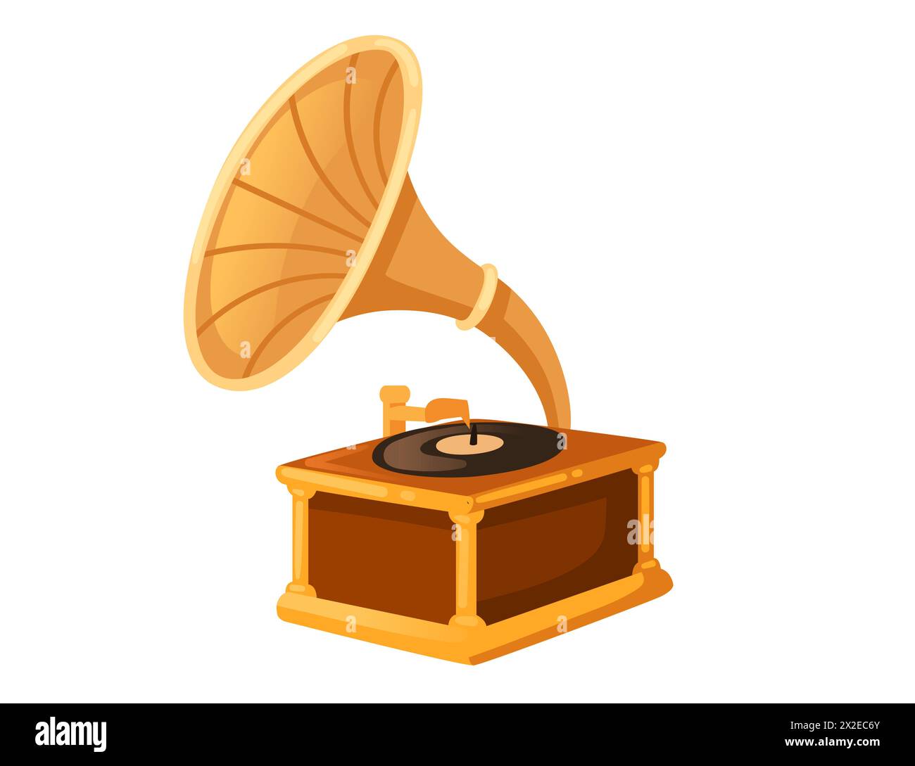 Retro style old golden gramophone with wooden base vector illustration ...