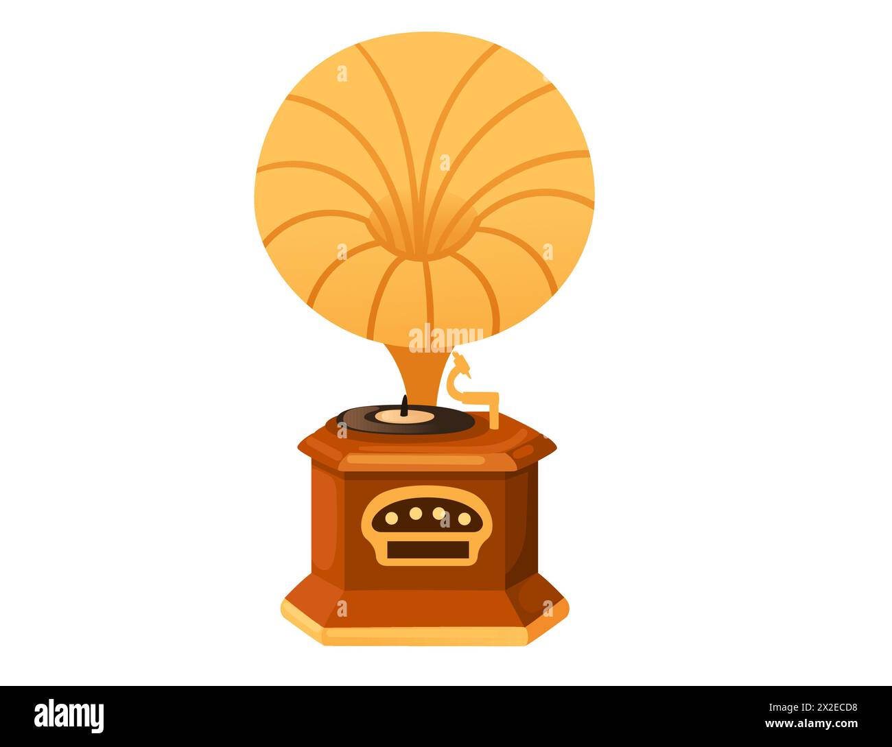 Retro style old golden gramophone with wooden base vector illustration ...