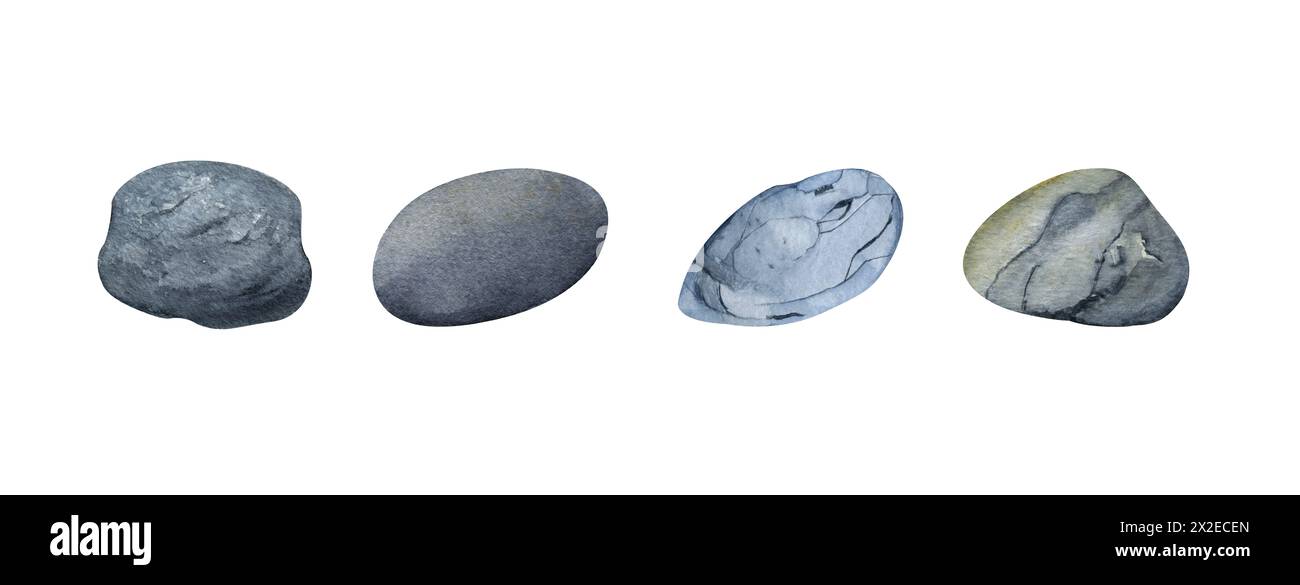Set of watercolor pebbles, stones is realistic. Isolated on a white ...