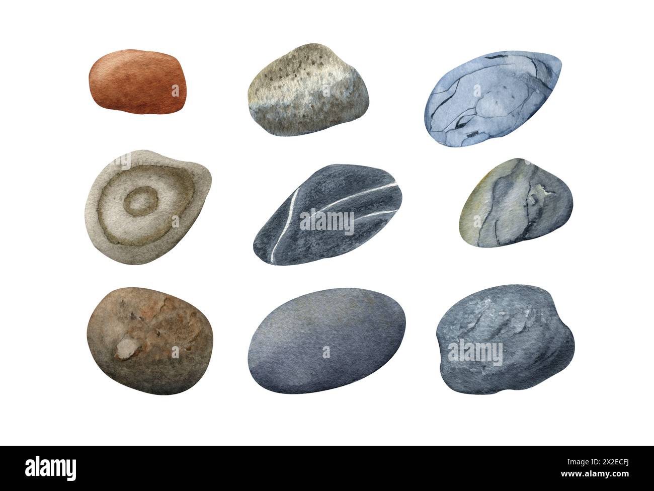 Set of colorful watercolor pebbles, stones is realistic. Hand drawn. In ...