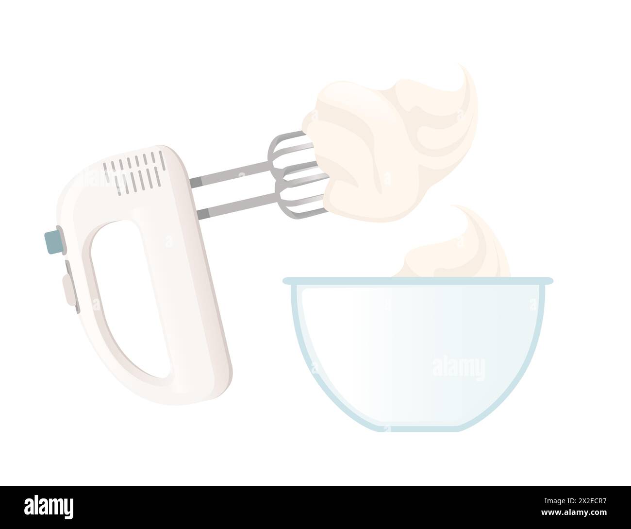 Electric mixer with beating cream in glass bowl baking kitchenware ...