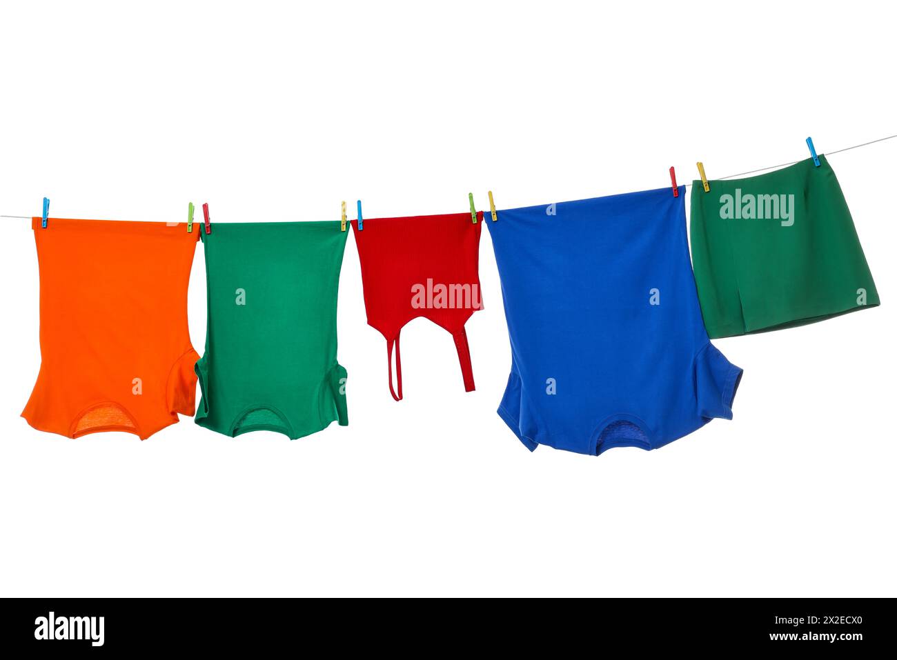Different clothes drying on laundry line against white background Stock ...