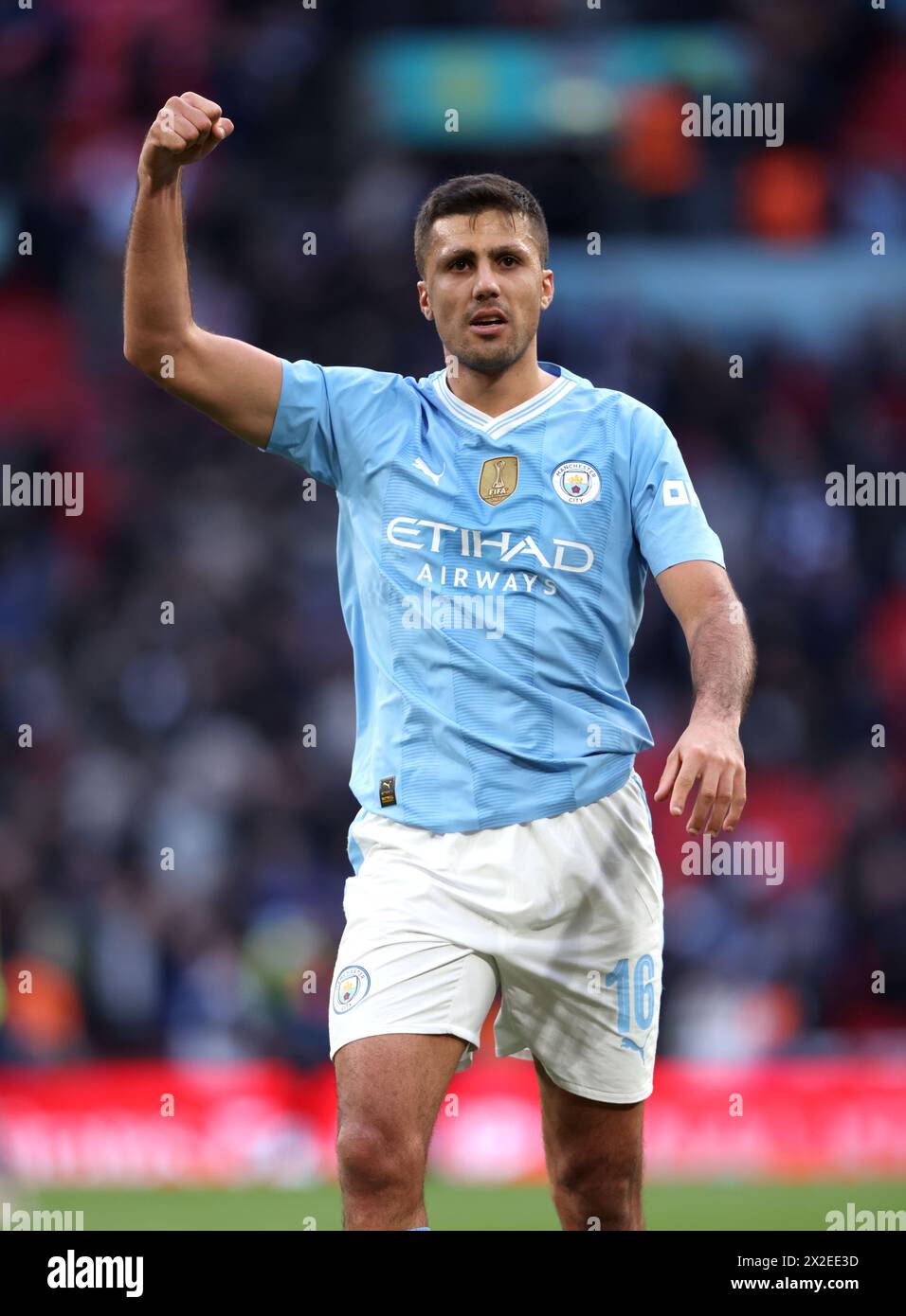 Rodri (MC) celebrates at the Emirates FA Cup Semi-Final match ...