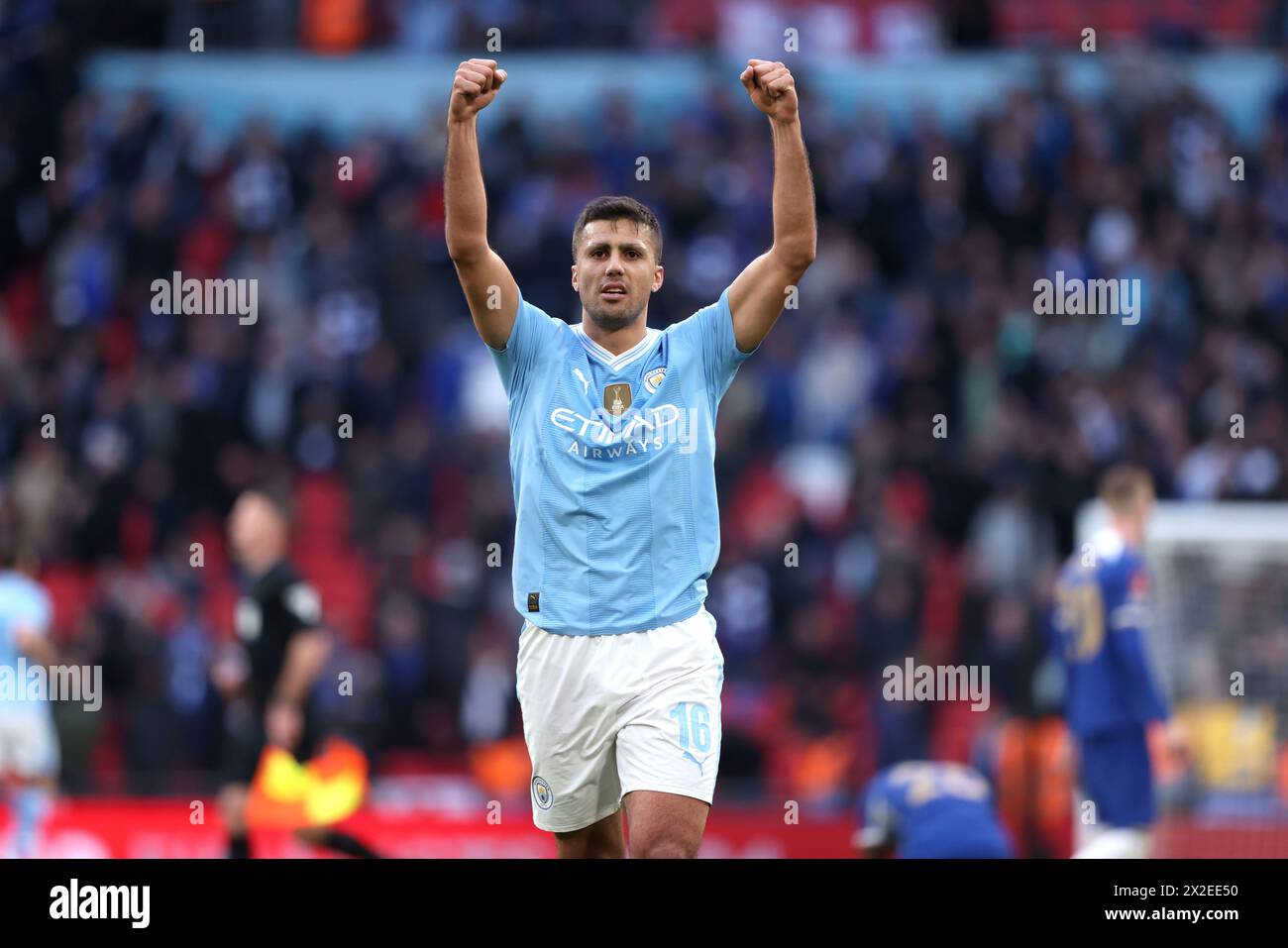 Rodri (MC) celebrates at the Emirates FA Cup Semi-Final match ...