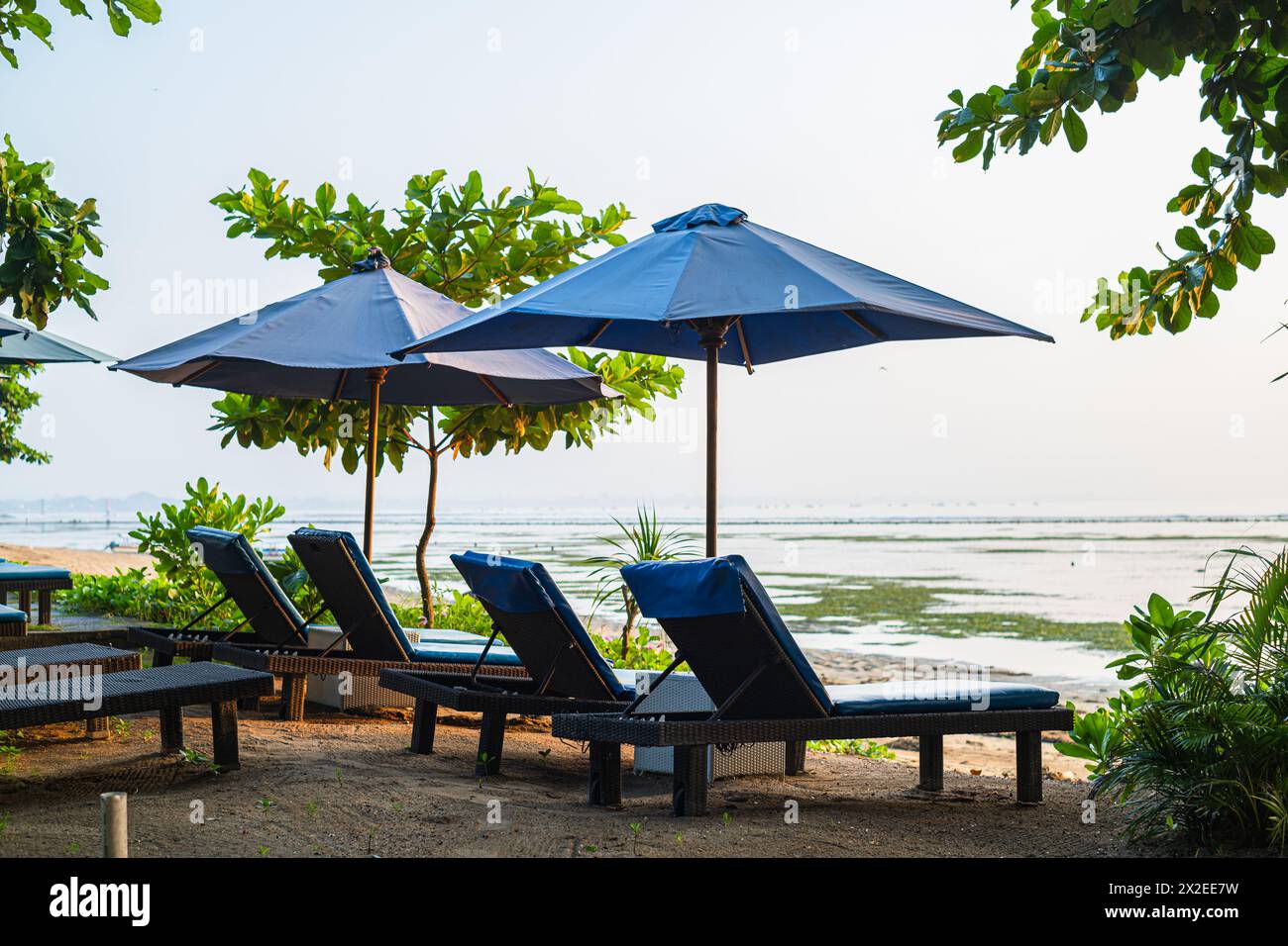 Beachfront with blue lounge chairs over sunset. Bokeh background Stock ...