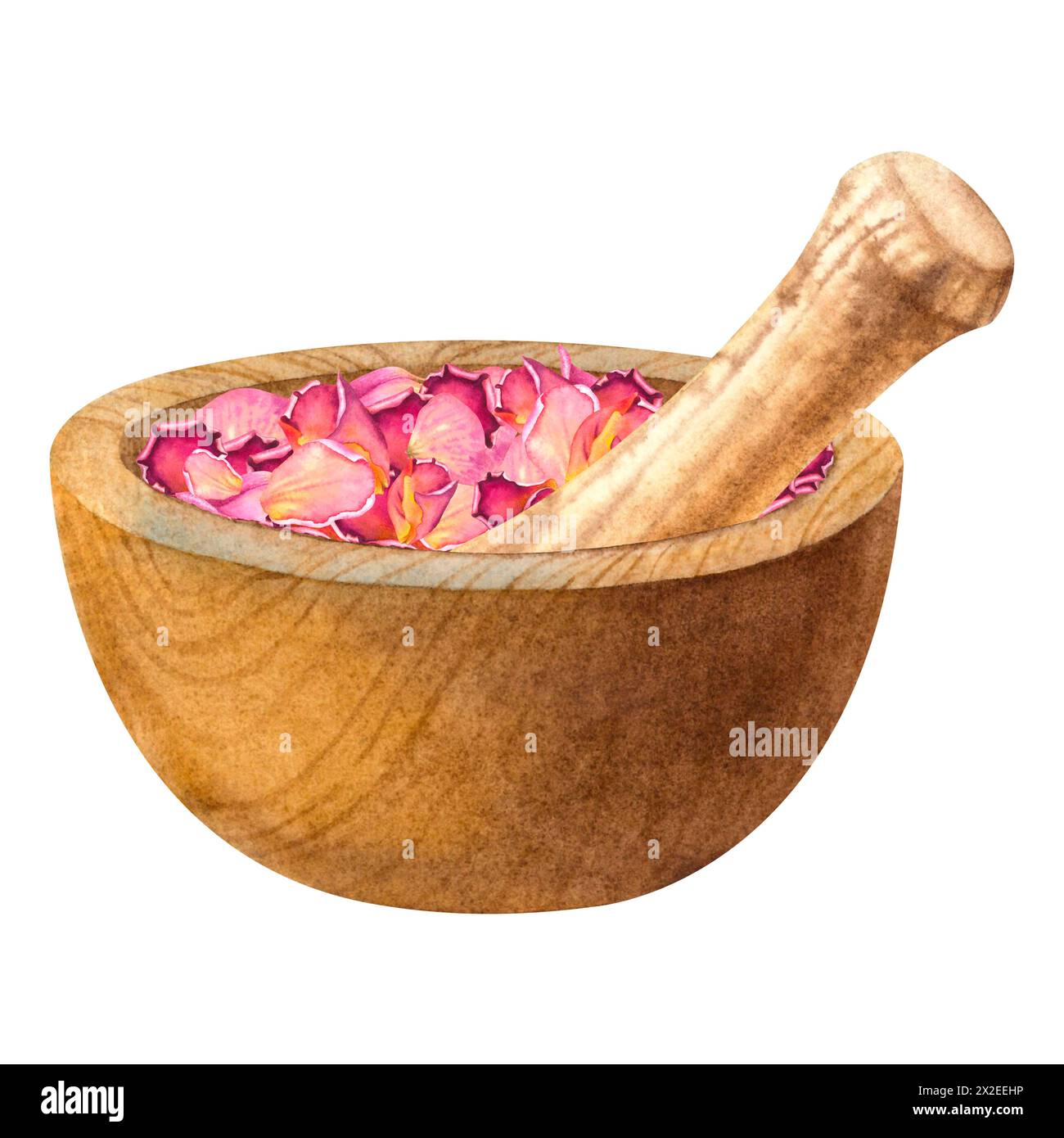 Wooden mortar and pestle with dry rose petals for cosmetic products ...