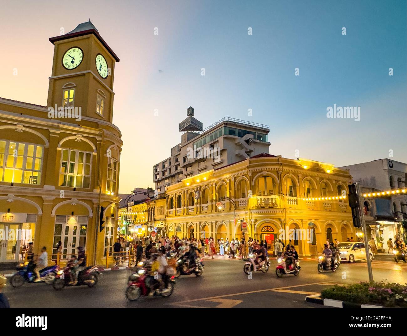 Street View of Phuket Old Town night market at sunset, in Phuket ...
