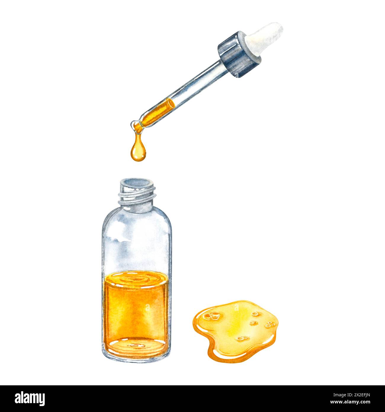 A glass transparent vial with a golden liquid and a pipette above it, a ...