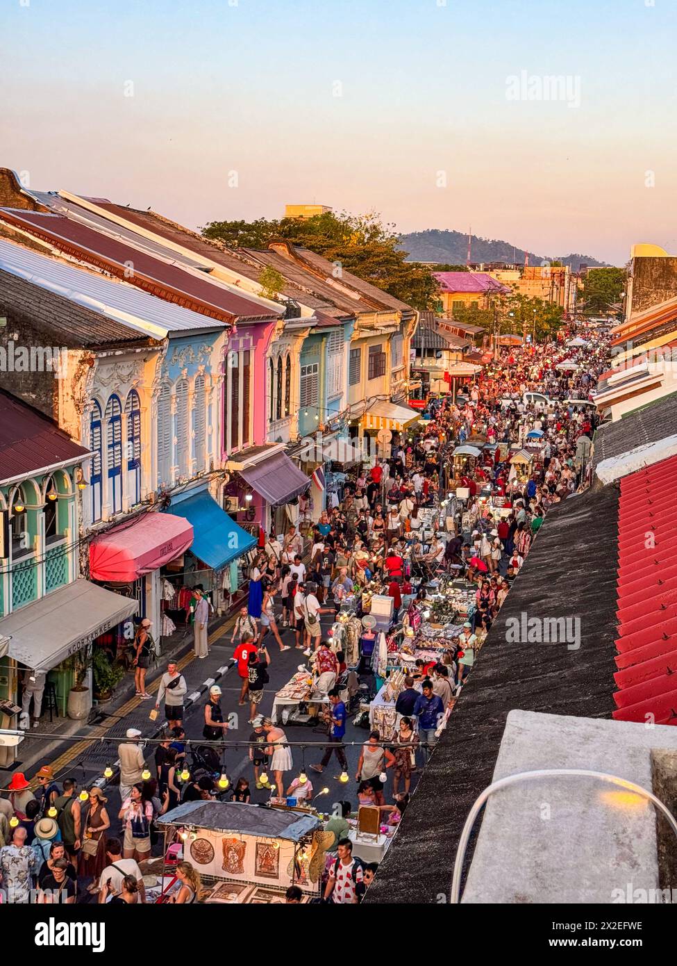 Street View of Phuket Old Town night market at sunset, in Phuket ...