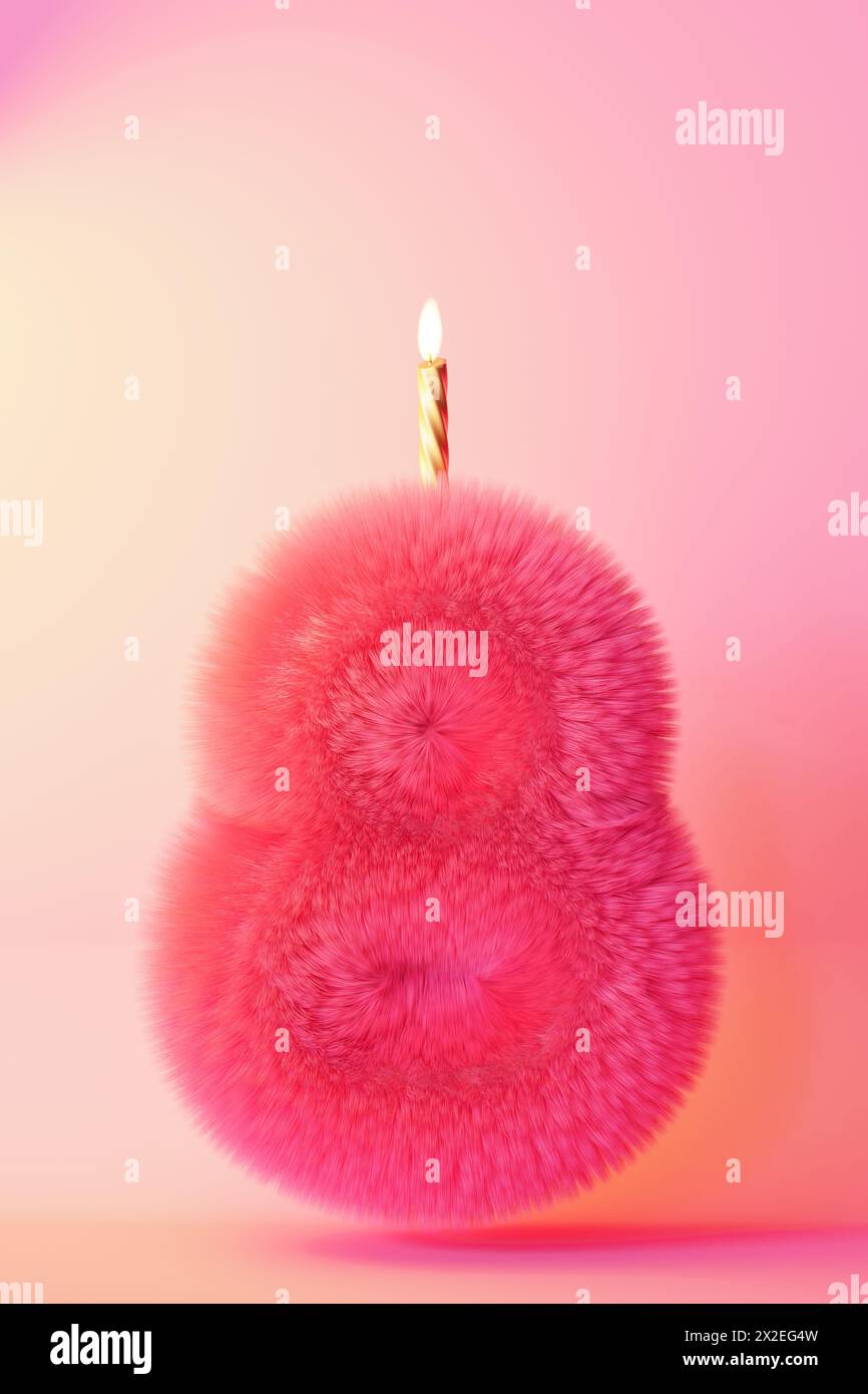 Playful number eight with candle on gradient background. Pink symbol 8 ...