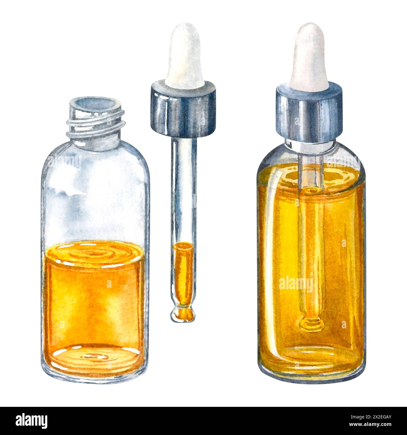 Transparent glass dropper bottles with golden liquid inside. Metal ...