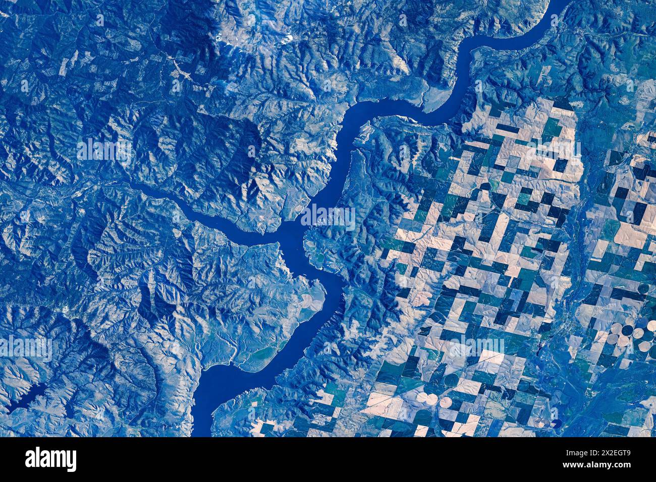 River and land features in Washington State, USA. Digital enhancement ...