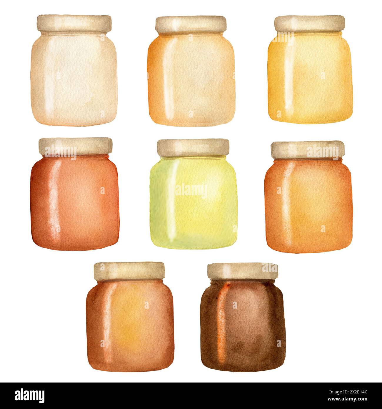 Set of eight glass jars with honey of different colors. Hand drawn ...