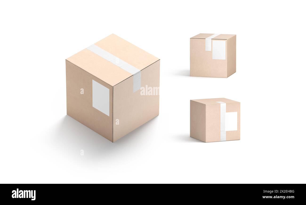 Blank white shipping label on craft box mockup, different sides Stock ...