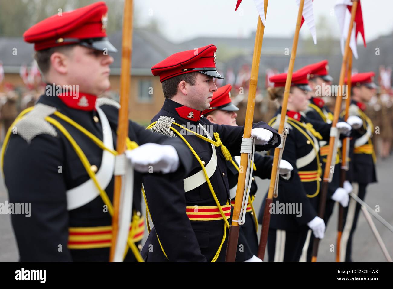 Members of the Royal Lancers standing to attention ahead of a visit by ...