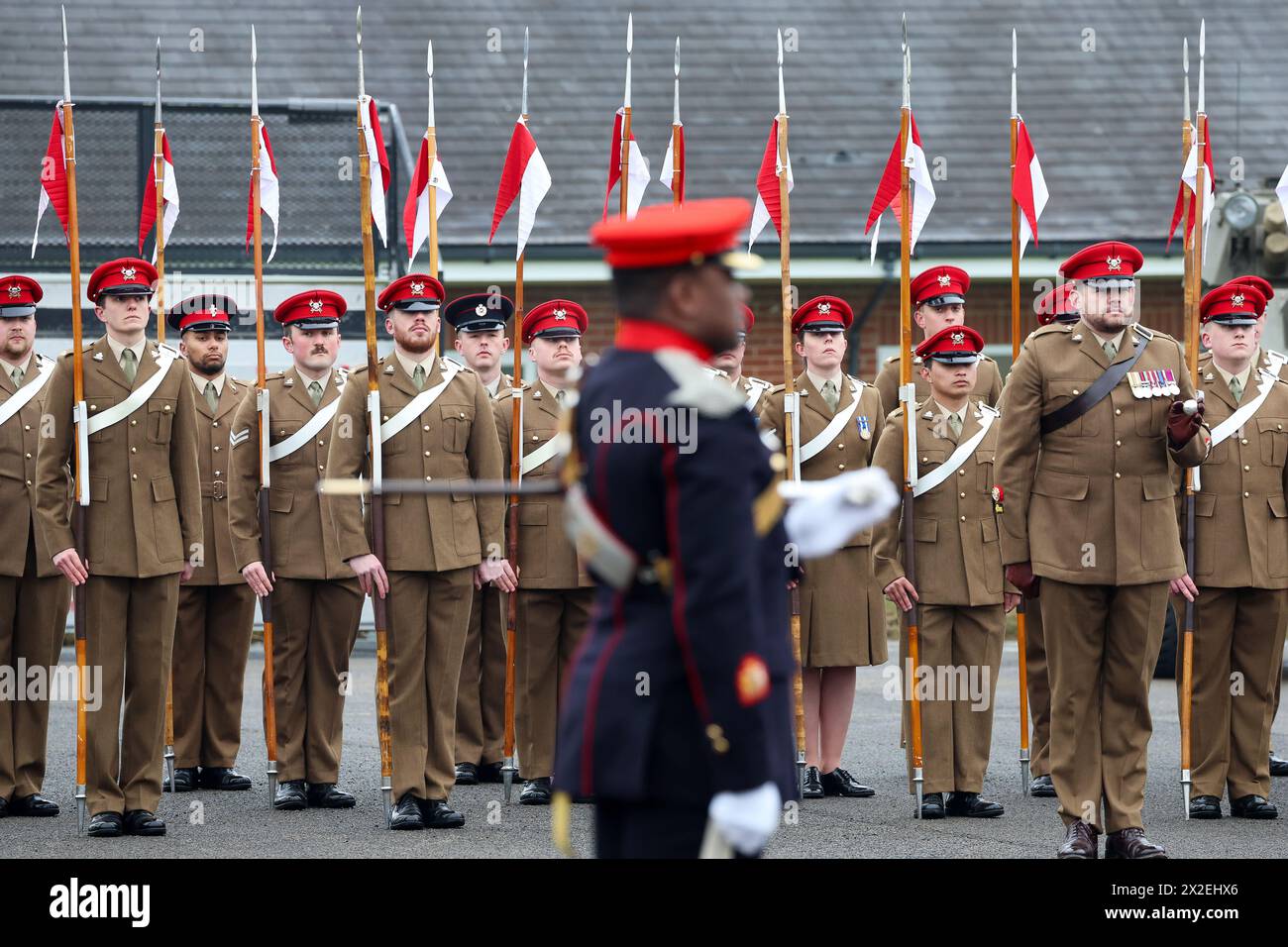 Members of the Royal Lancers standing to attention ahead of a visit by ...