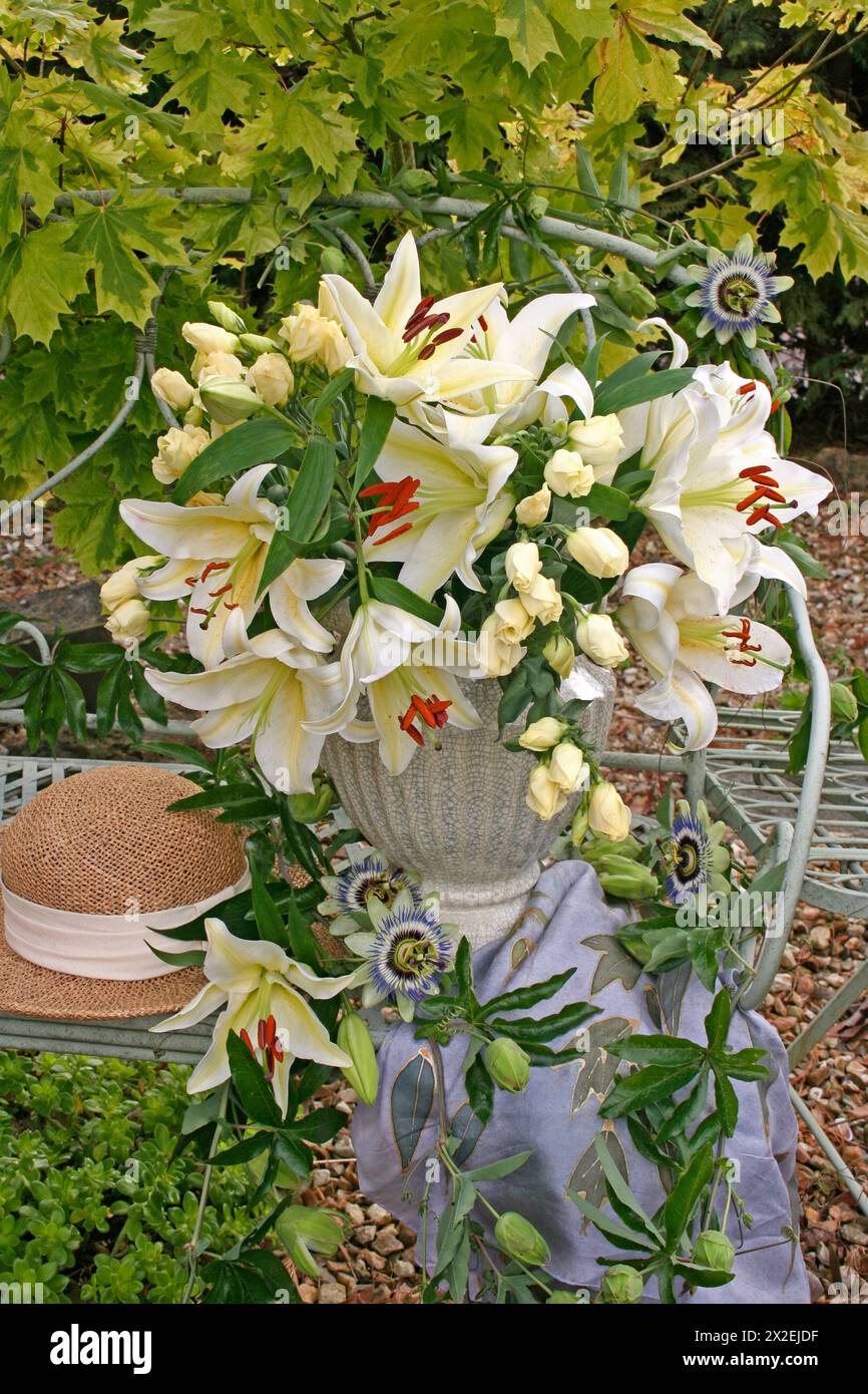 botany, lilium, Eustoma grandiflorum and passion flowers on a metal ...