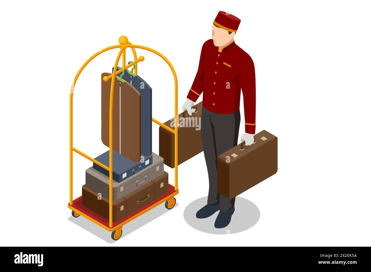 Isometric Porter with Baggage, Bellhop in Uniform and A hotel Luggage ...