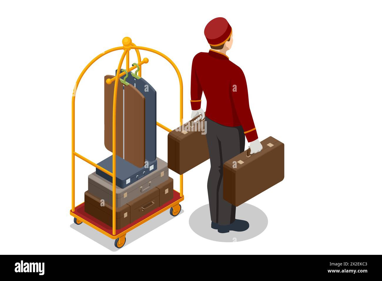 Isometric Porter with Baggage, Bellhop in Uniform and A hotel Luggage ...