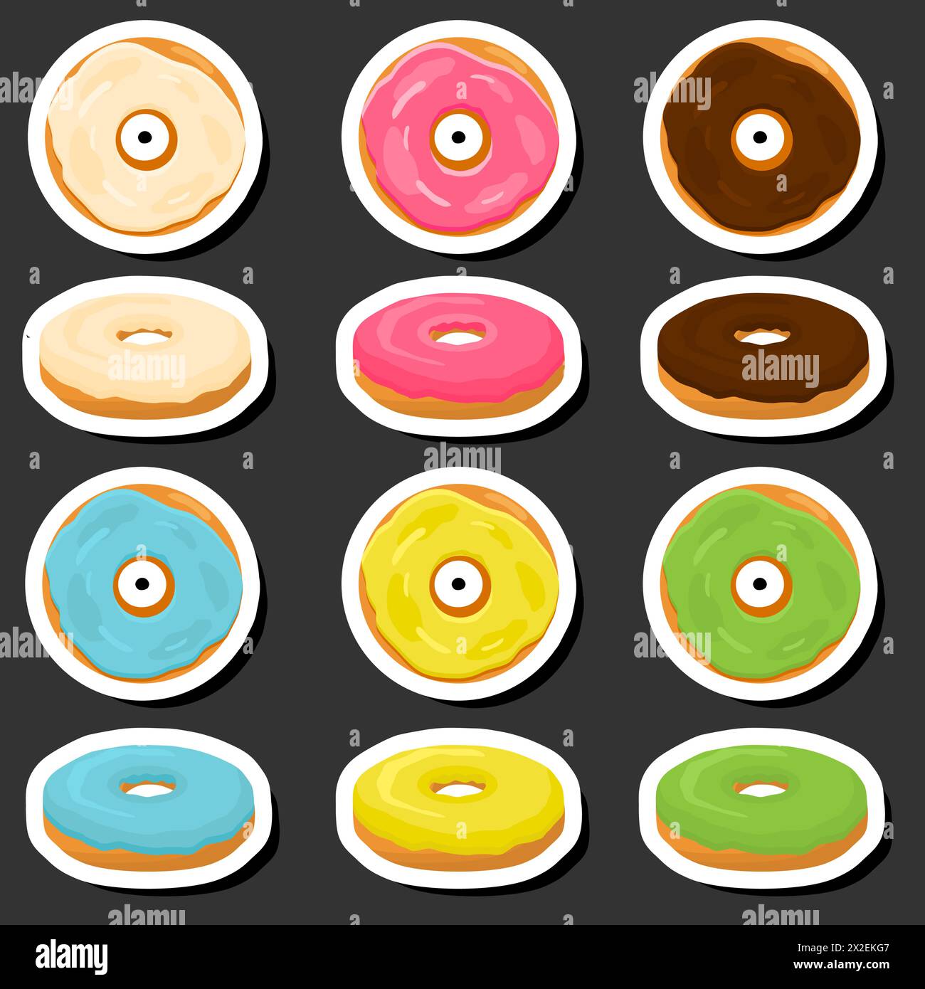 Illustration on theme big set different types sticky donuts, sweet ...