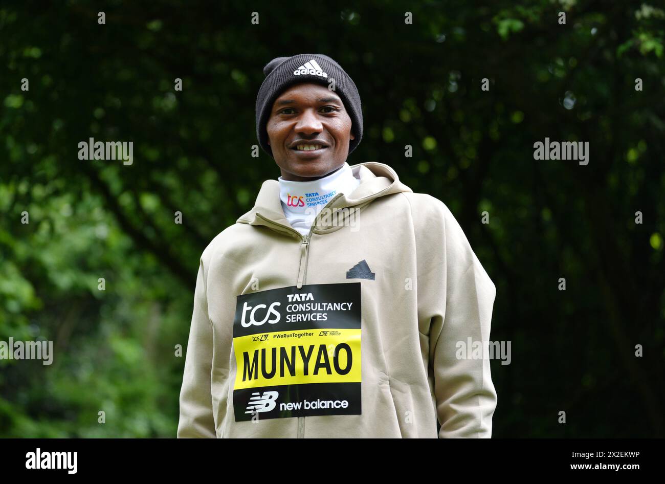 Men's elite race winner Alexander Mutiso Munyao during the 2024 TCS London Marathon winners ...