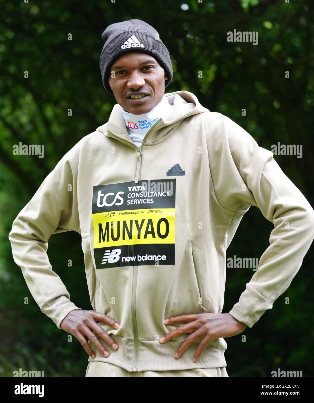 Men's elite race winner Alexander Mutiso Munyao during the 2024 TCS London Marathon winners ...