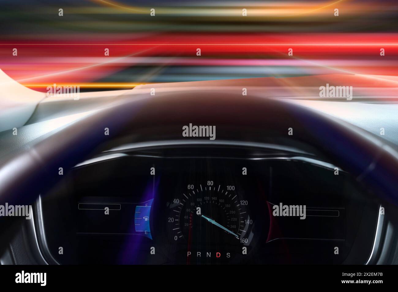 Speedometer behind steering wheel in car, motion blur effect Stock ...