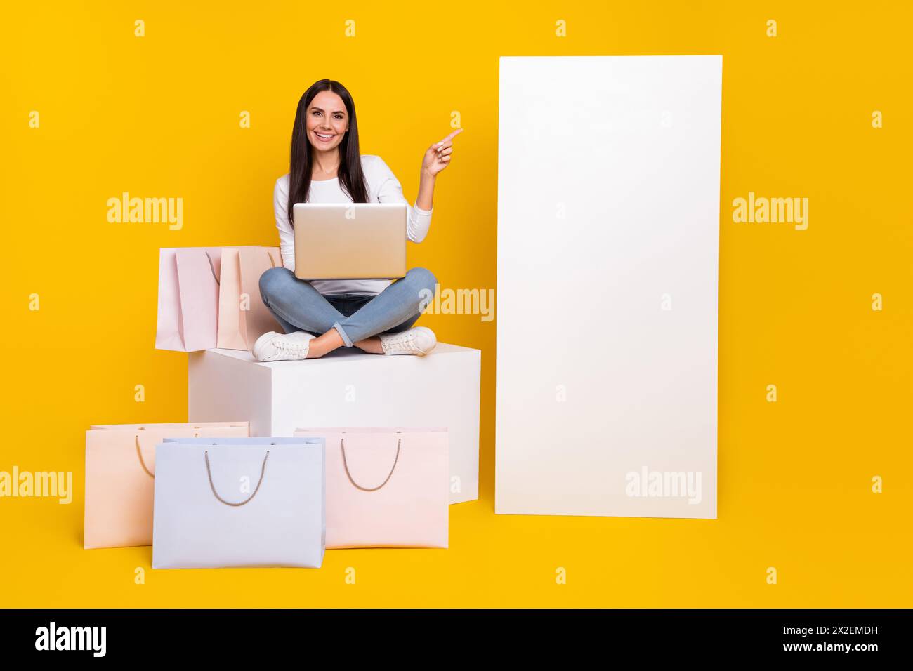 Full size photo of young girl indicate finger banner proposition store ...