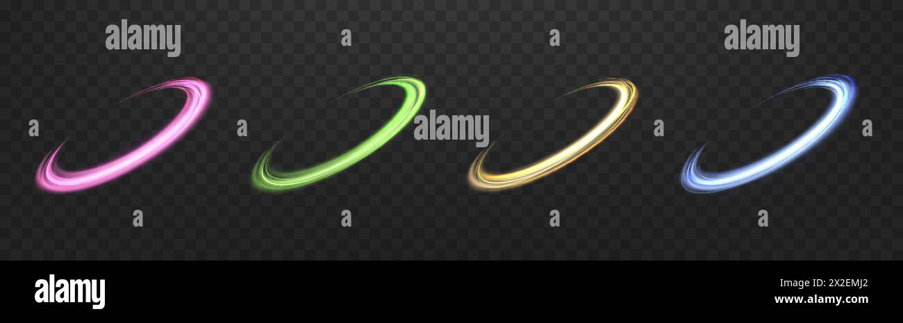Glowing magic rings set. Neon realistic energy flare rings with ...