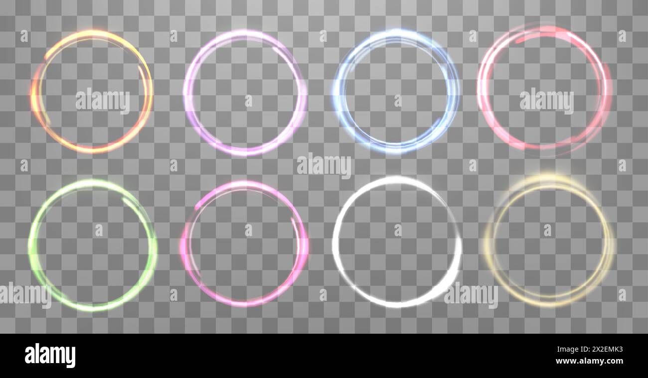 Glowing magic rings set. Neon realistic energy flare rings with ...