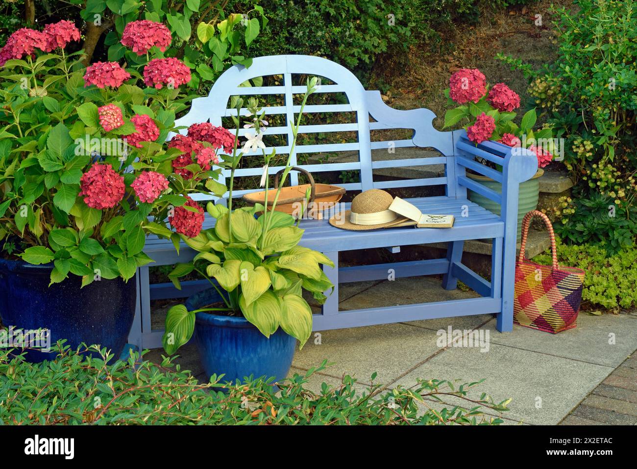 botany, still life of a blue painted Lutyens bench with a wooden trug ...