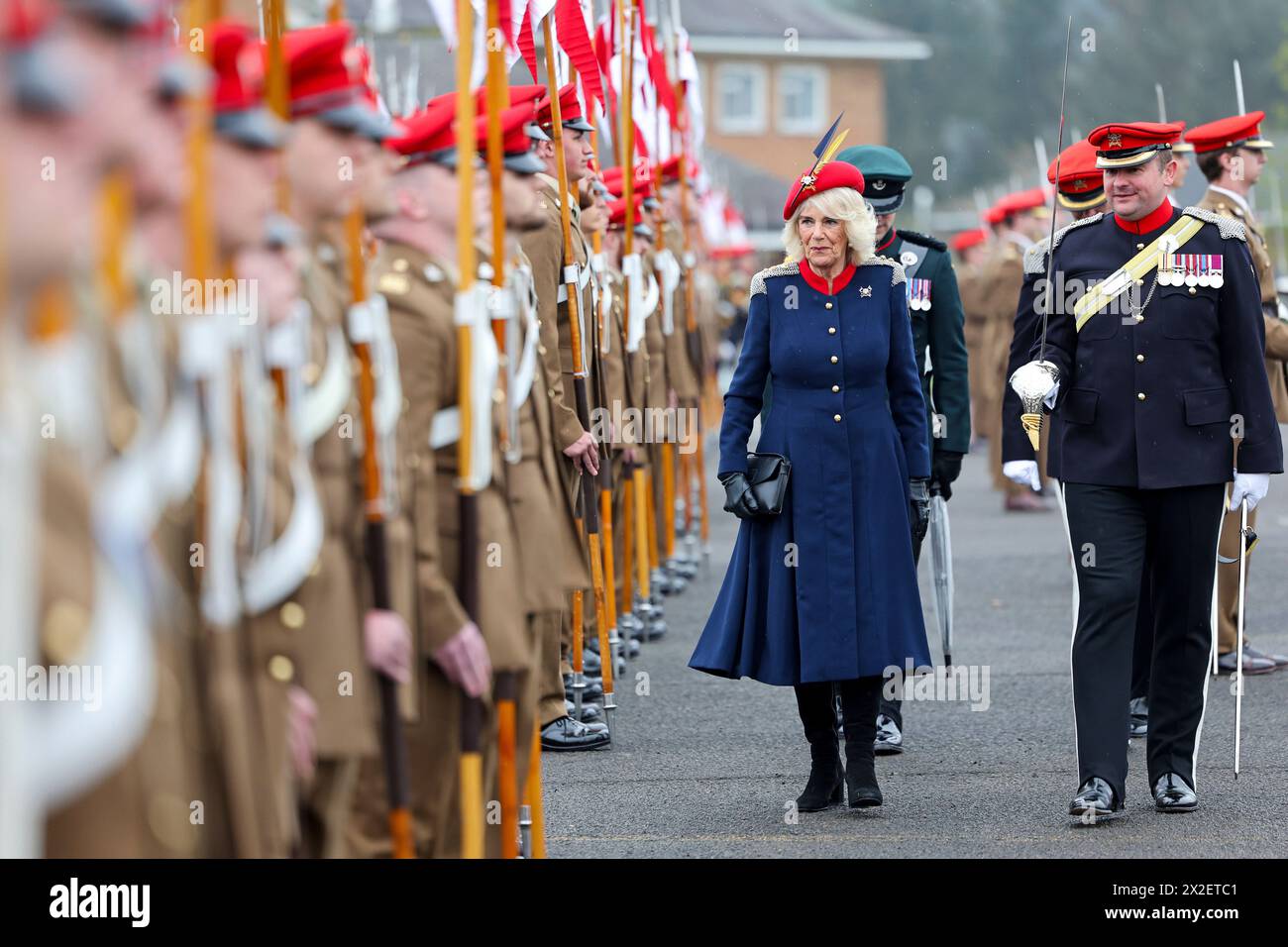 Britain's Queen Camilla and Colonel Richard Charrington inspect the 152 ...