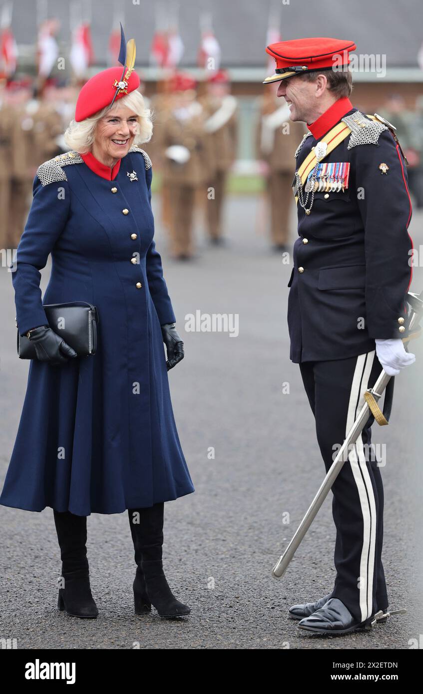 Britain's Queen Camilla and Colonel Richard Charrington inspect the 152 ...