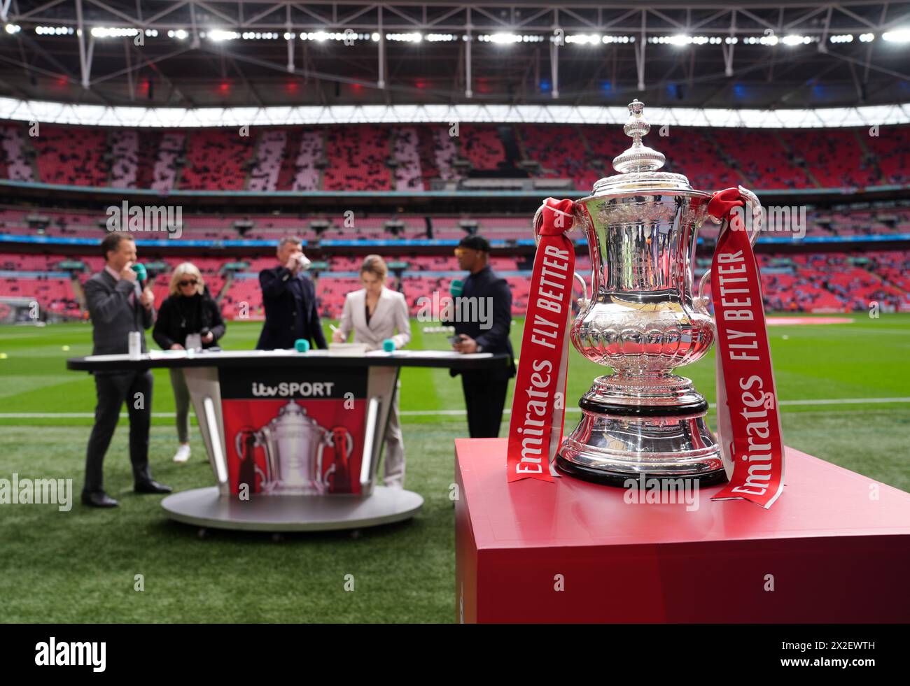 A general view of the Emirates FA Cup trophy on display ahead of the ...