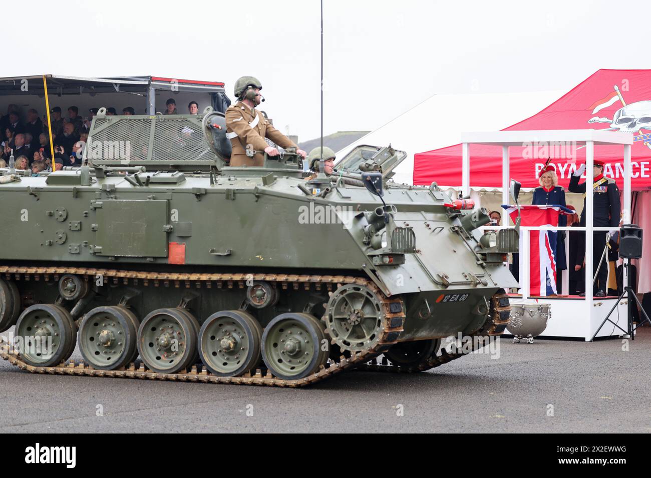 A Warrior armoured vehicle parades past Queen Camilla during her to ...