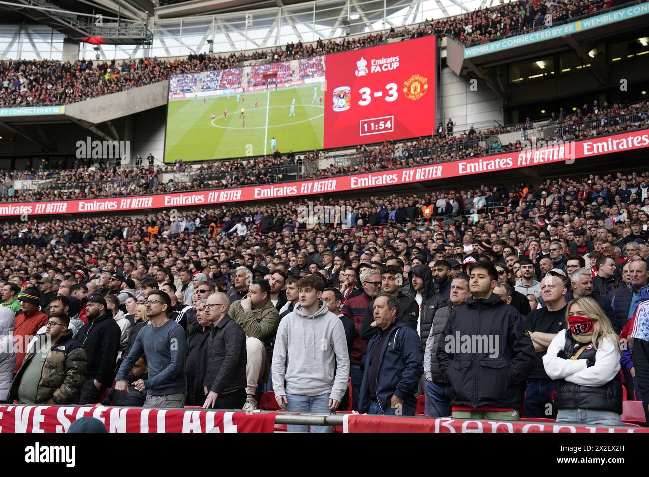 A general view of the scoreboard reading Coventry City 3- 3 Manchester ...