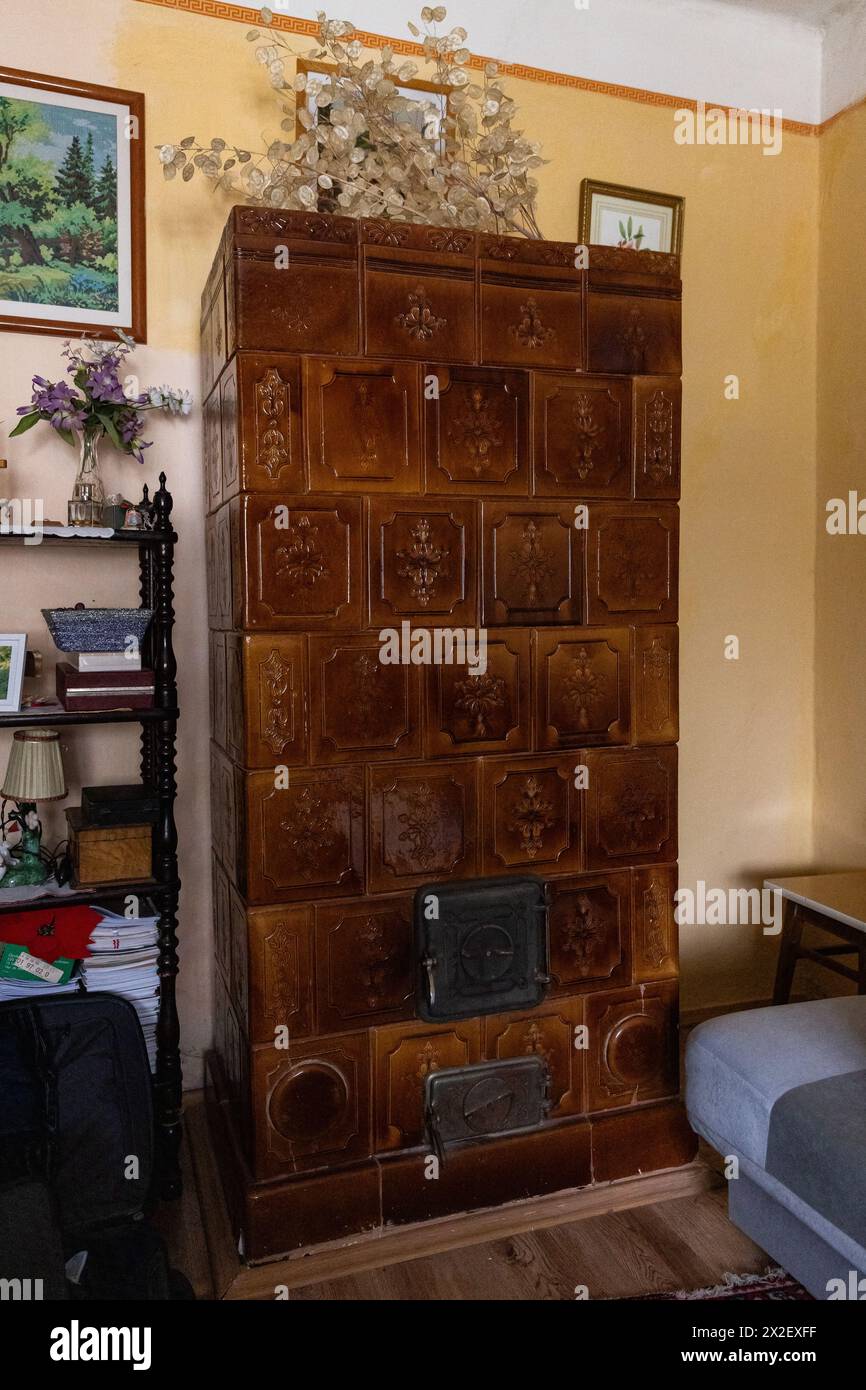 Szephalom, Hungary. 30th March, 2024. A traditional ceramic tiled stove ...