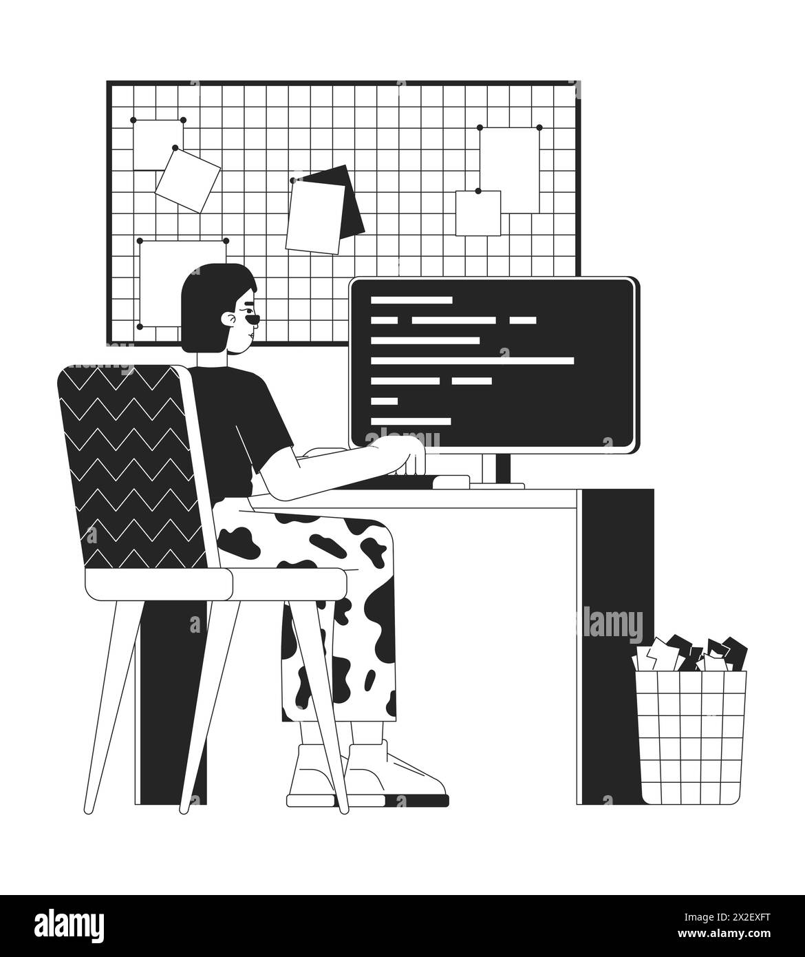 Asian Woman Working On Computer Black And White 2d Line Cartoon