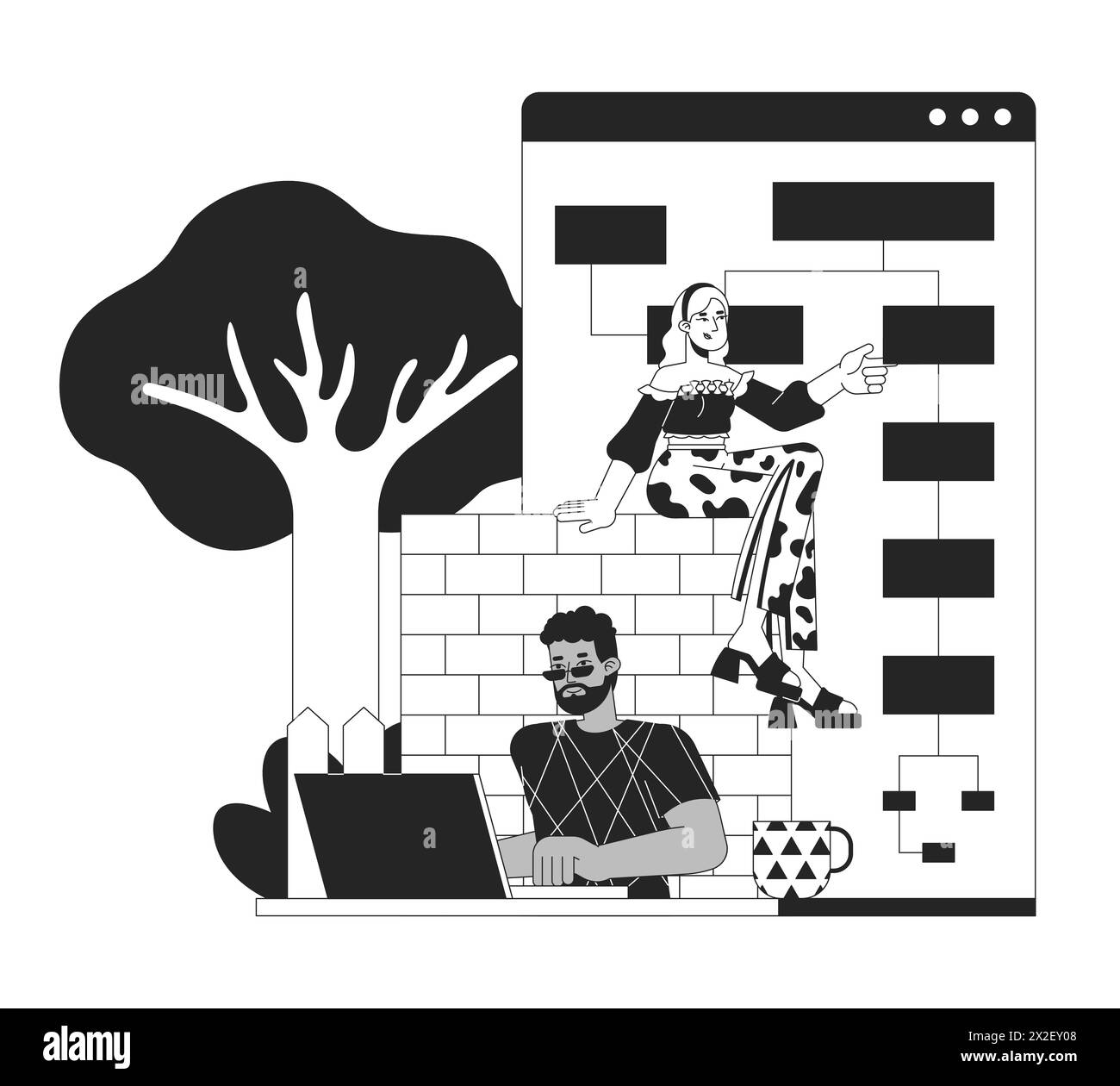 Multiracial team developing software black and white 2D line cartoon ...