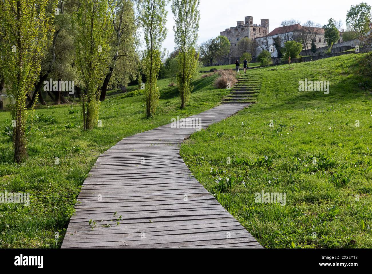 Sarospatak, Hungary. 7th April, 2024. A boardwalk is viewed leading to ...