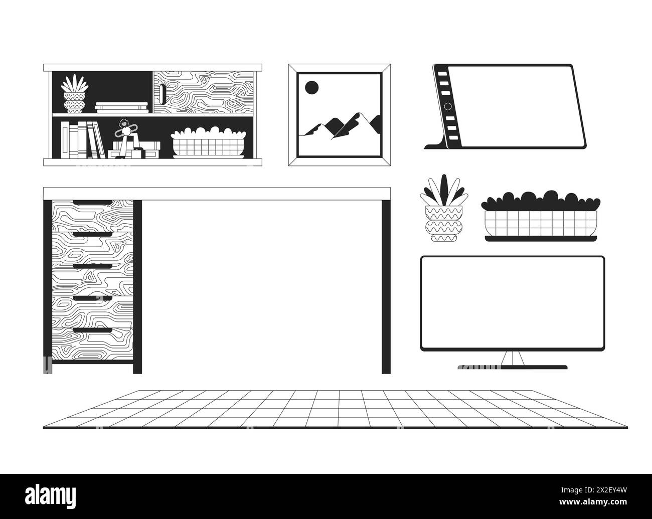 Graphic designer gadgets furniture black and white 2D line cartoon ...