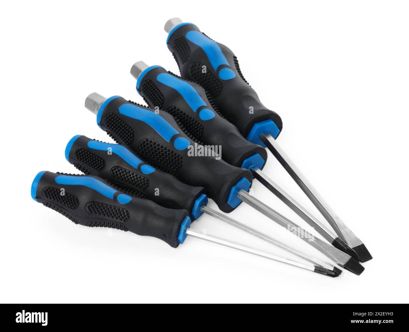 Set of screwdrivers with blue handles isolated on white Stock Photo - Alamy