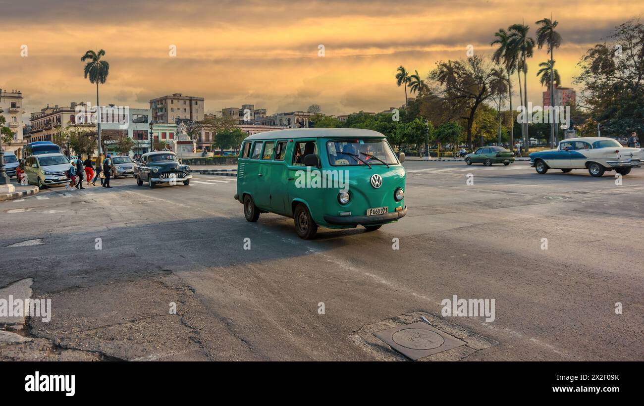 Old vintage VW van driving in Paseo de Marti, Havana, Cuba Stock Photo ...